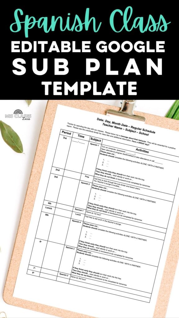 Emergency High School Spanish Sub Plans Template - Mis Clases Locas